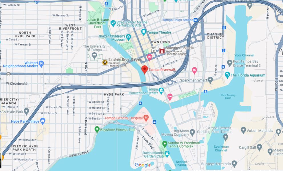 A screenshot from Google Maps of the location of Tampa Riverwalk