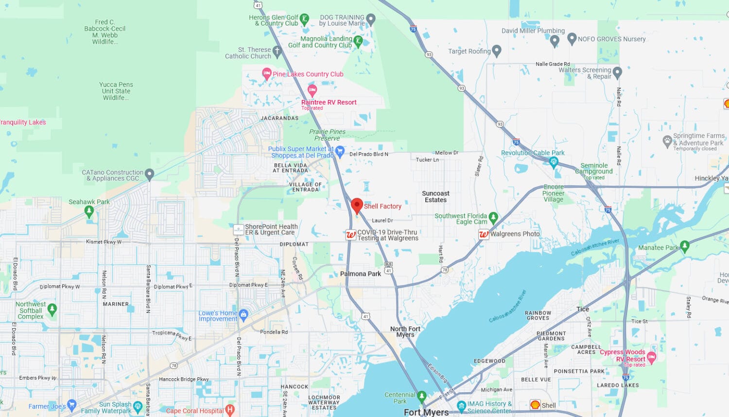 a screenshot from google map showing a view of the shell factory area in north fort myers florida highlighting various points of interest and roadways