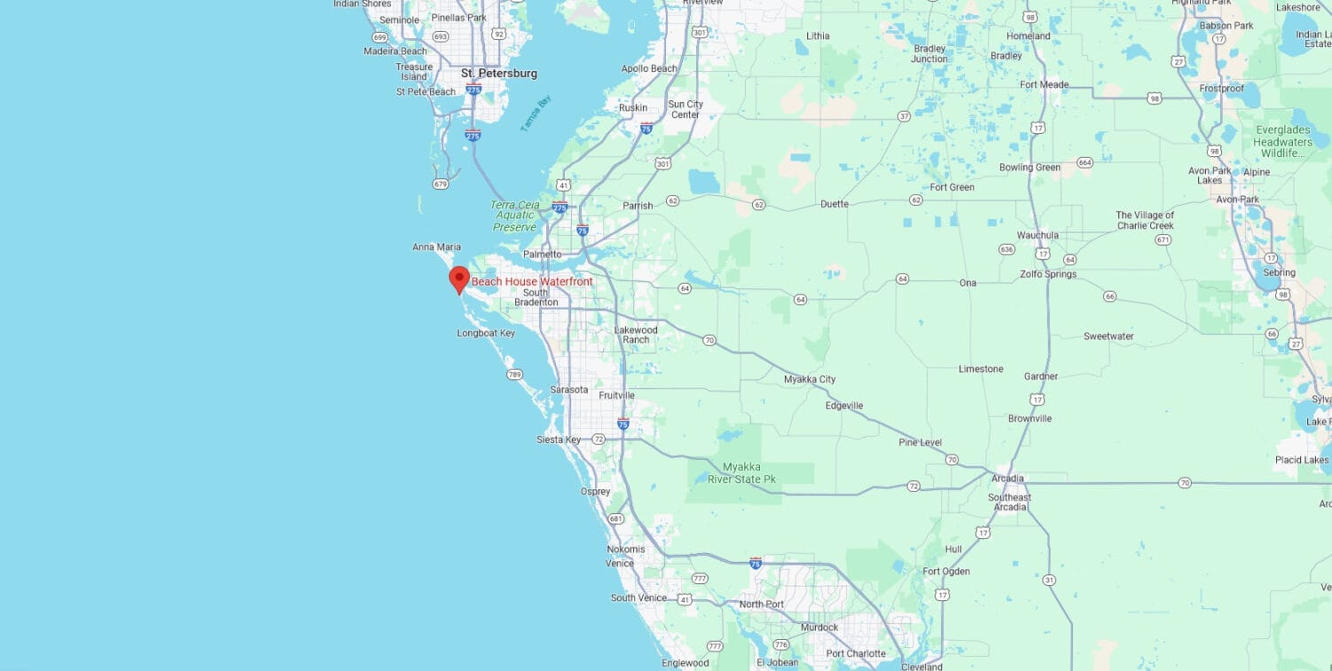a screenshot from google map showing the location of beach house waterfront in the coastal region of florida near sarasota