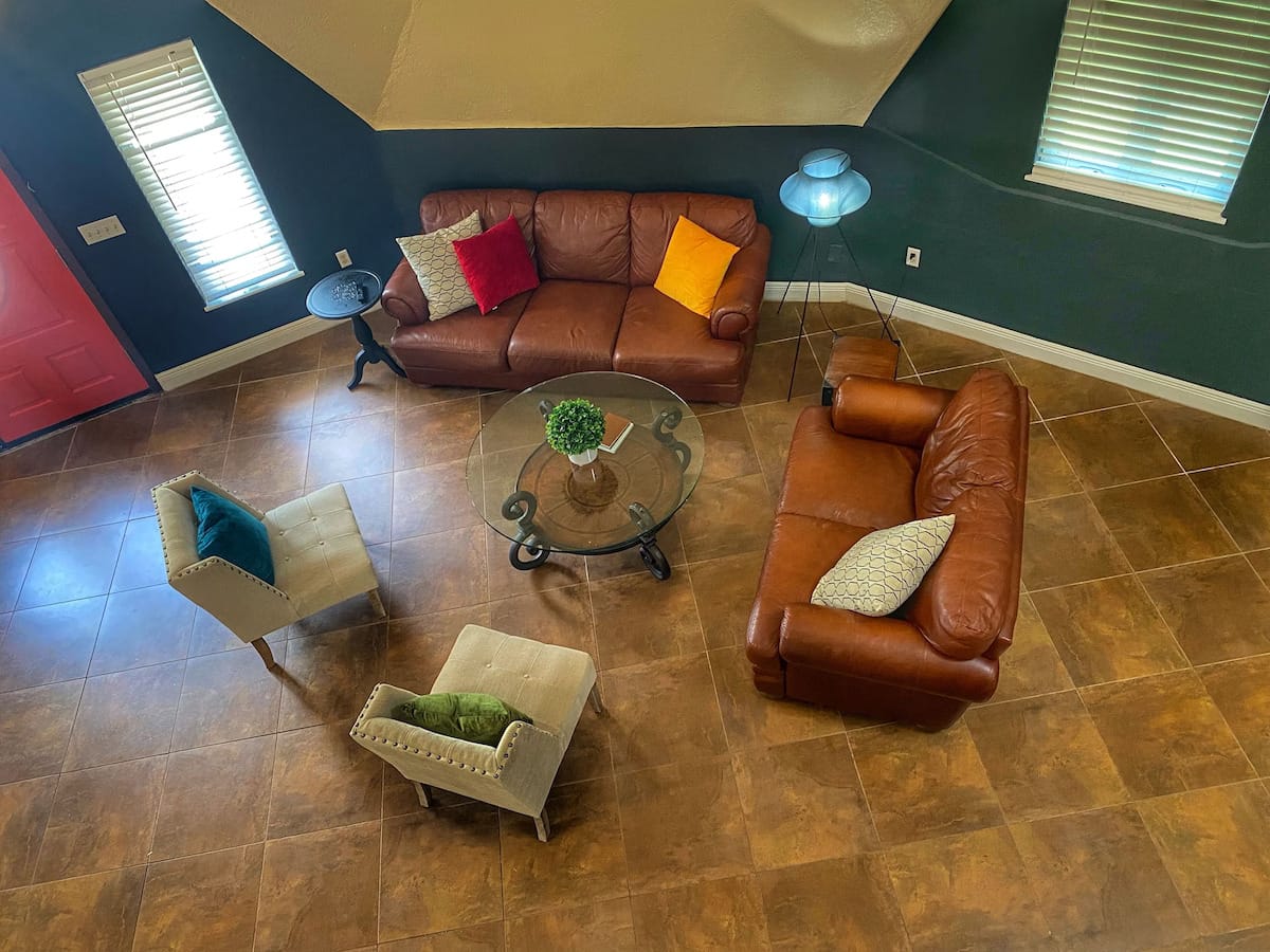 A shot from the top showing the spacious living room