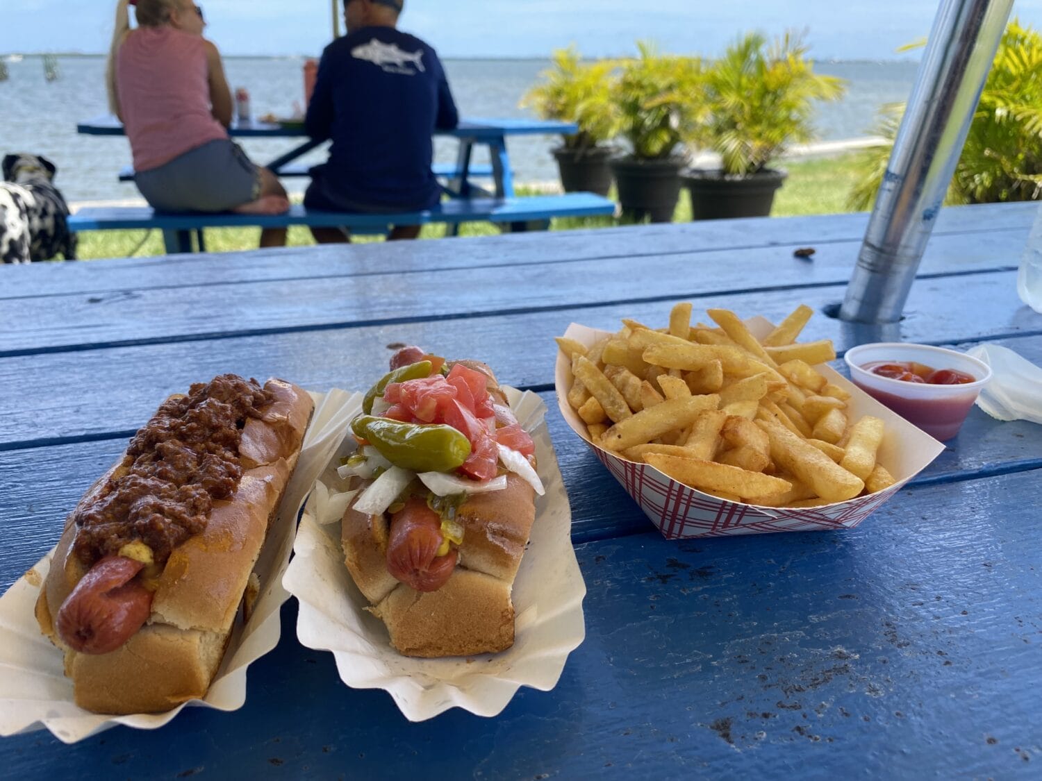 a table with hotdog sandwiches and fries with a beautiful background