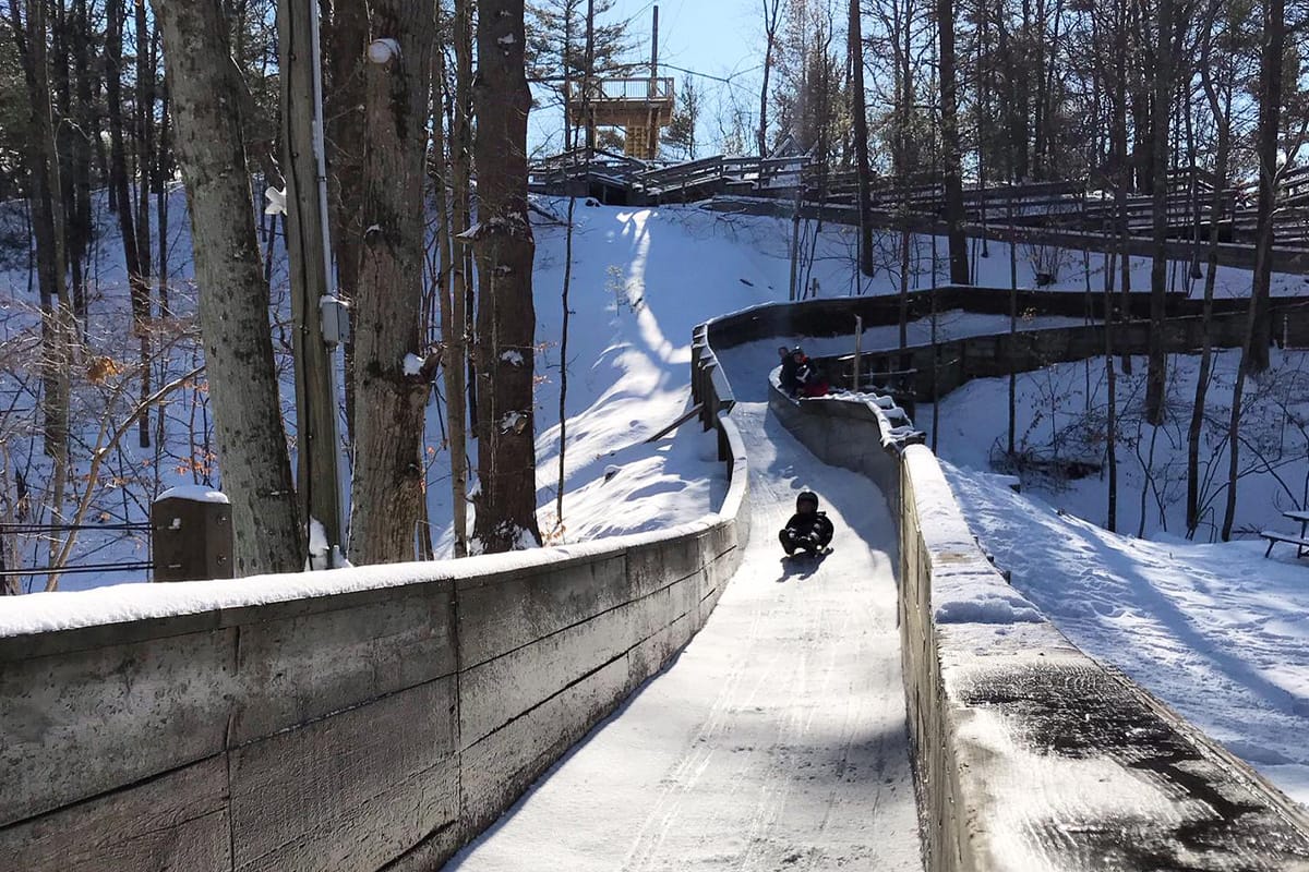 an action shot capturing a person sledding down a snowy luge track