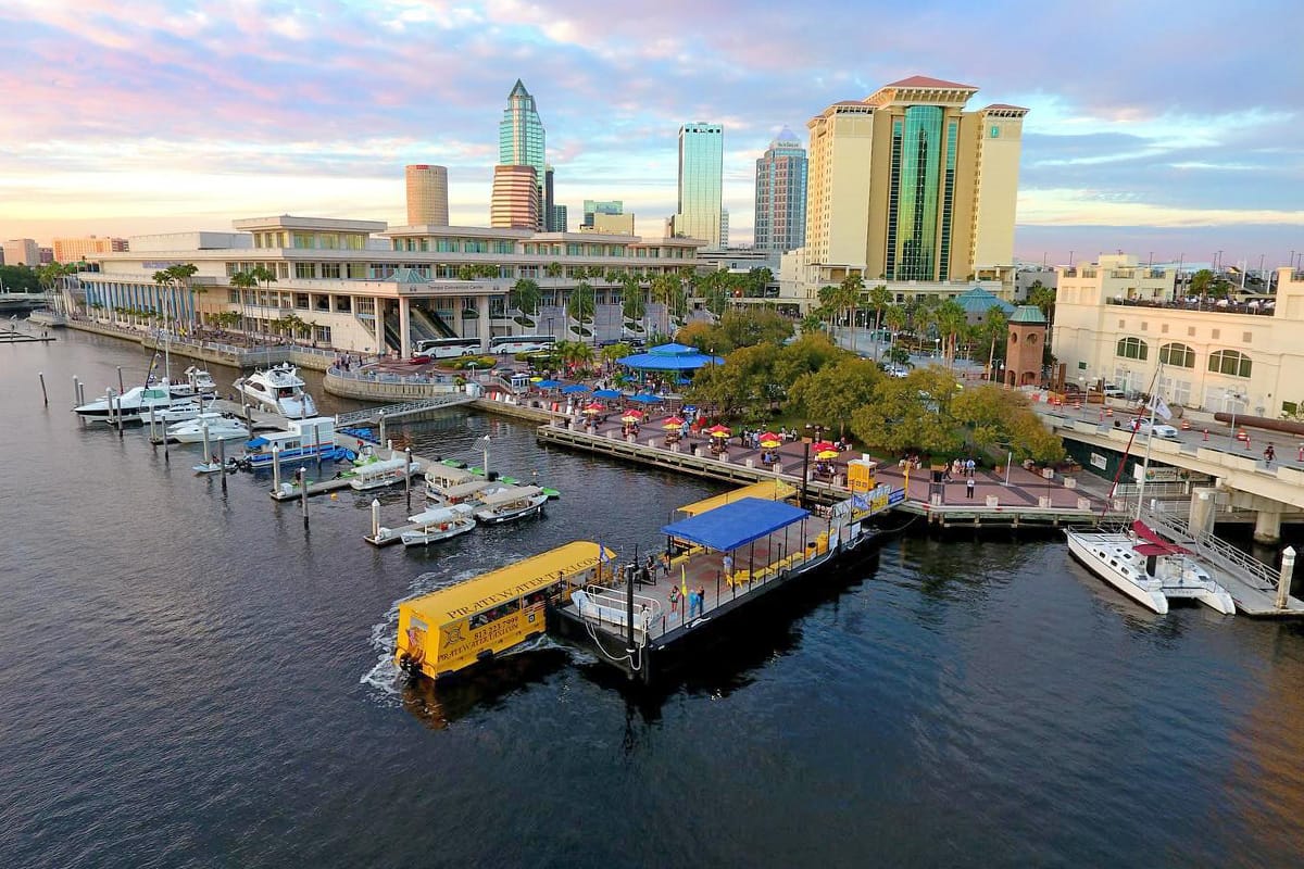 an aerial shot of the Tampa riverwalk