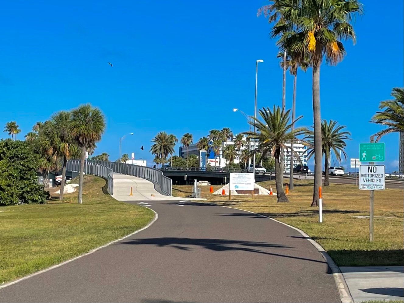 an image of the trail in clearwater beach with trees beside the path on a clear day