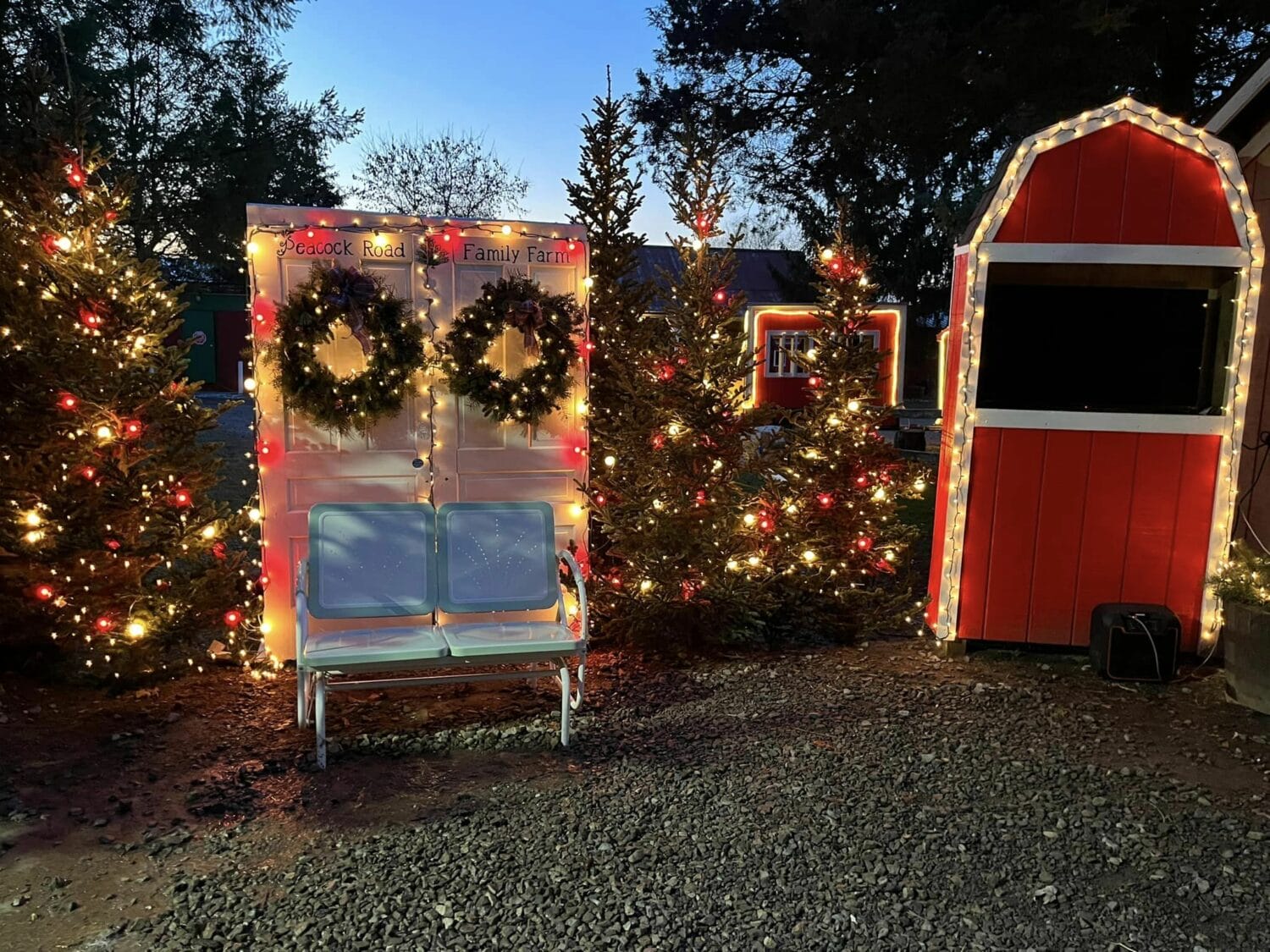 festively decorated christmas trees and a brightly lit outdoor seating area create a warm inviting atmosphere