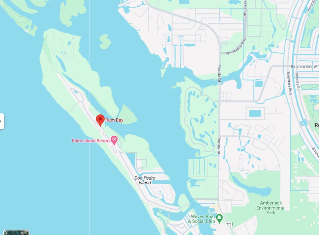 screenshot of the map location of rum bay on palm island from google maps