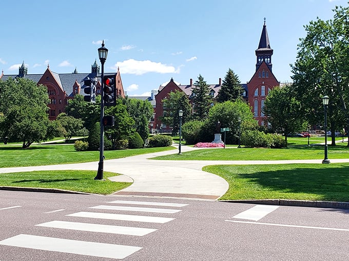 Burlington's historic campus welcomes visitors with stately brick buildings and lush green lawns &ndash; academic elegance meets Vermont charm.