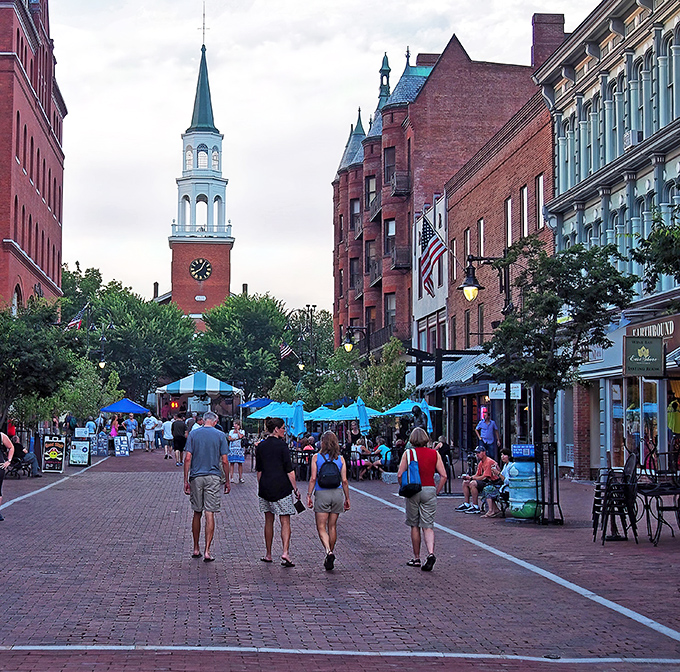 Church Street comes alive at dusk, where brick pathways and historic architecture frame Burlington's beating heart.