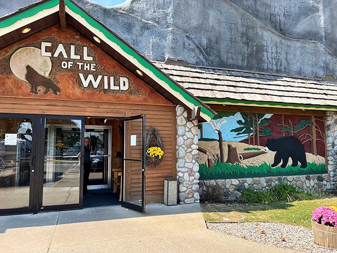 The rustic charm of Call of the Wild Museum beckons visitors with its log cabin facade and striking mountain backdrop &ndash; nature's welcome mat in downtown Gaylord.