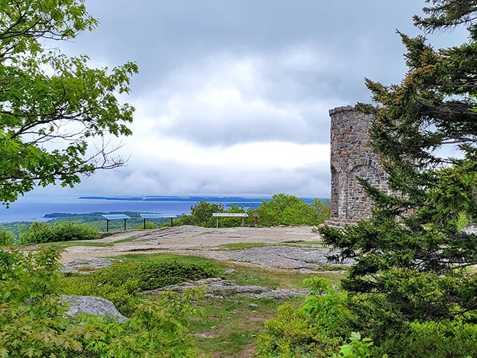 Stone sentinel: The historic tower at Mount Battie stands watch over Penobscot Bay's island-dotted waters.
