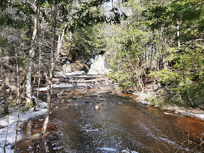 Water dances over ancient stone at Cascade Falls, creating nature's own symphony in this tranquil Maine woodland setting.