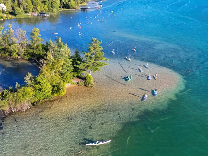 Elk Lake's turquoise waters create a stunning mosaic with the surrounding greenery, nature's own masterpiece from above.
