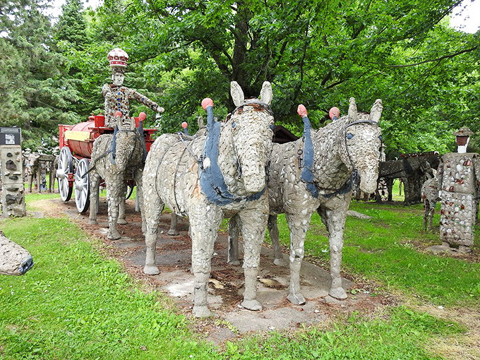 The iconic entrance to Wisconsin Concrete Park welcomes visitors with its distinctive sign and stone pillars, promising concrete wonders beyond.