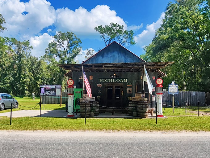 The weathered blue tin roof and vintage gas pumps of Richloam General Store stand as sentinels of a bygone era, inviting curious travelers to step back in time.