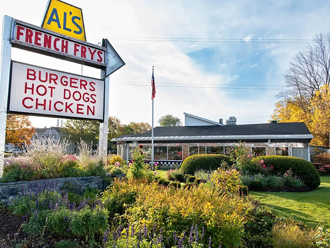 Al's iconic yellow sign stands proudly against the Vermont sky, promising golden treasures within. The gardens bloom with welcome.