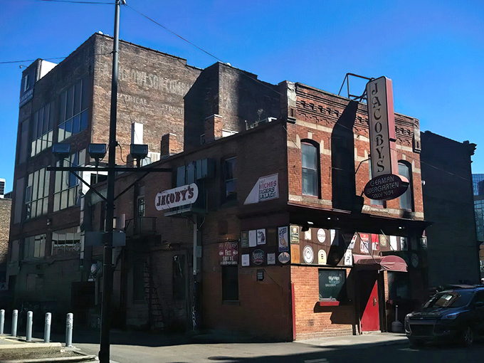 Brick and history blend at Jacoby's, where that vintage sign has beckoned hungry Detroiters through Prohibition, wars, and countless Tigers games.