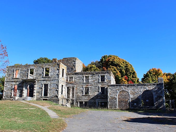 The Goddard Mansion ruins stand defiantly against time, framing perfect Atlantic views through empty windows.