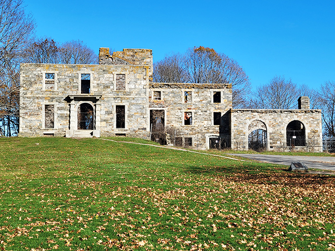 Stone sentinels standing tall: The Goddard Mansion ruins catch golden light, their empty windows framing endless Atlantic views.