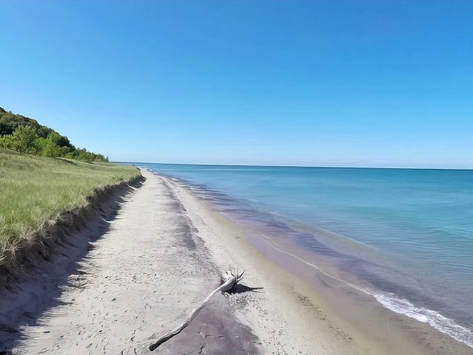Pristine shoreline stretches into the distance at Grand Mere, where Lake Michigan's waves have polished countless treasures over centuries.