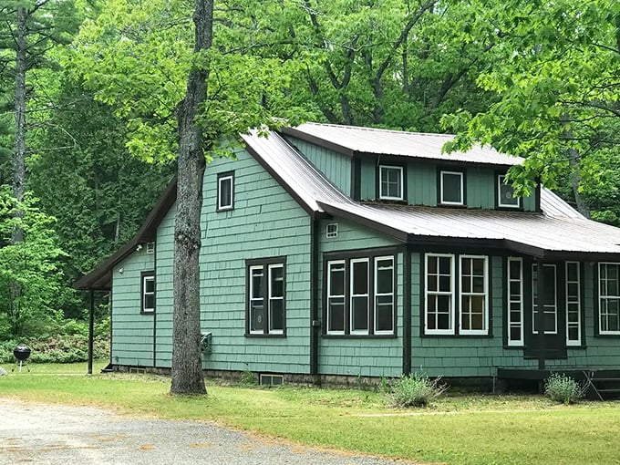 A mint-green Sears kit house nestled among towering pines &ndash; where "cottage core" isn't a hashtag but an actual lifestyle choice.
