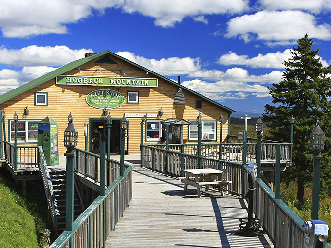 The welcoming facade of Hogback Mountain Country Store, where Vermont's charm meets breathtaking panoramas.