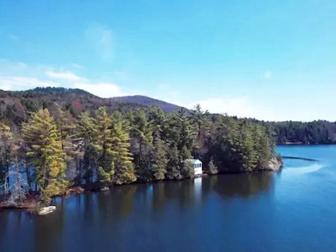 A slice of paradise floating on Lake Iroquois, where towering pines stand guard over your private woodland kingdom.