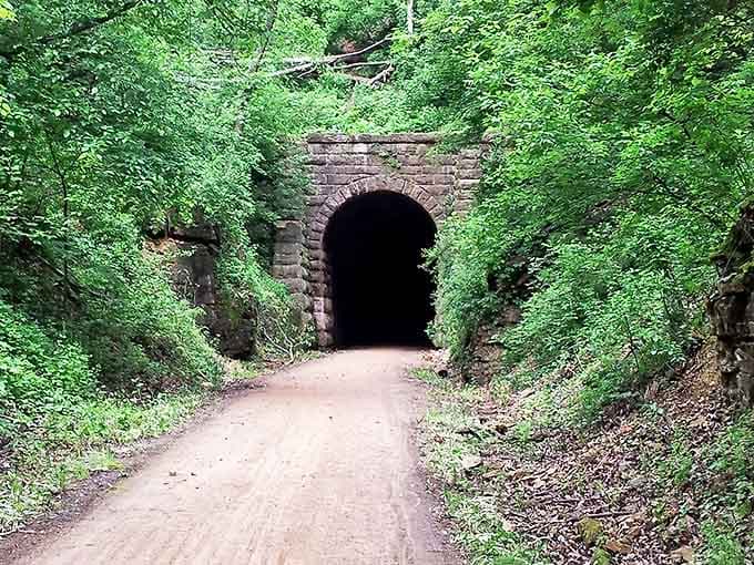 Nature reclaims what man carved out, framing the Stewart Tunnel entrance with a verdant embrace of Wisconsin greenery.