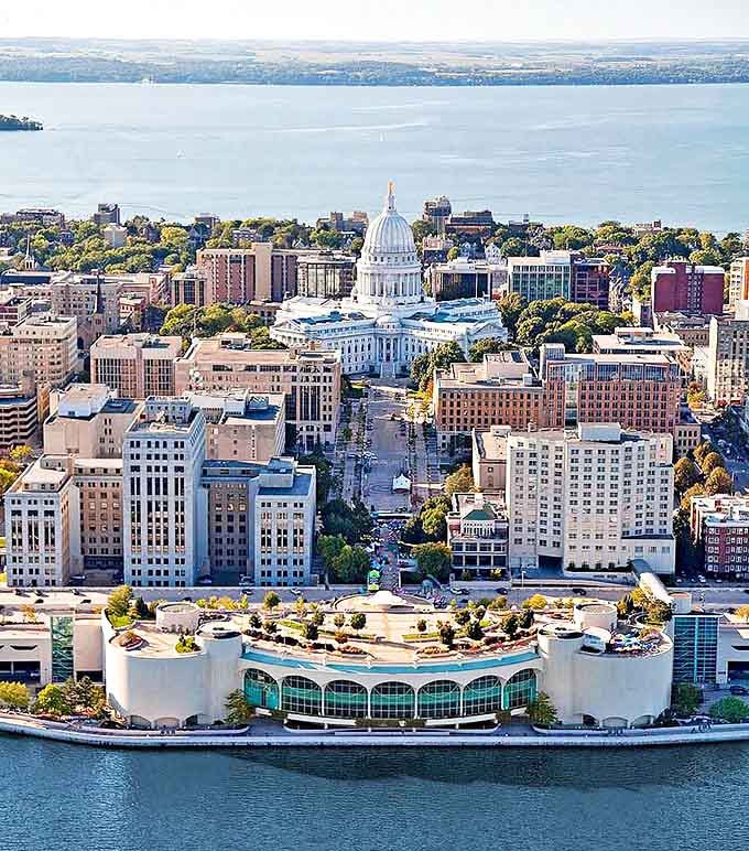 Madison: The gleaming Capitol dome anchors this lakeside paradise, where happiness seems to rise from the streets like morning mist from Lake Mendota.