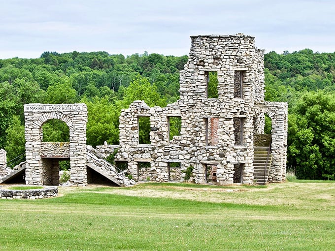 The haunting remains of Manitowoc County's Maribel Caves Hotel stand like a limestone ghost against Wisconsin's verdant backdrop. History never looked so deliciously creepy!