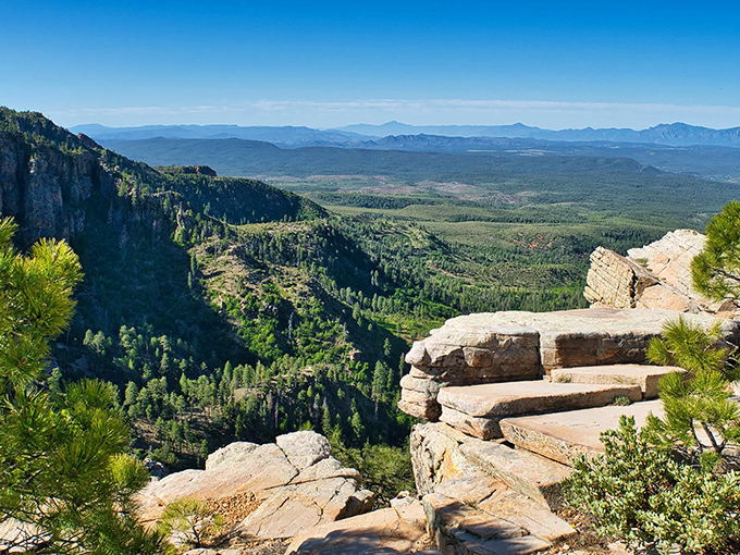 Nature's grand balcony: The Mogollon Rim drops dramatically 2,000 feet, offering views that stretch to the horizon across Arizona's verdant wilderness.