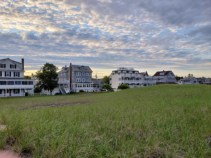 Classic New England charm greets visitors to Ocean Park, where Victorian cottages stand sentinel against a sky painted with Maine's finest brushstrokes.