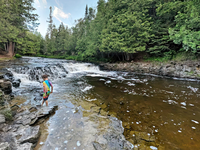 Nature's perfect swimming pool awaits at Ocqueoc Falls, where limestone ledges create Michigan's most inviting natural water playground.