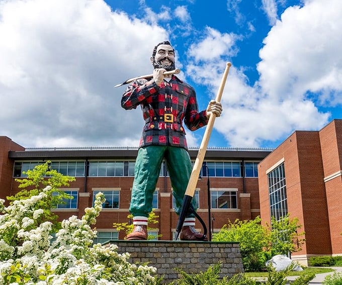 Standing tall against the Maine sky, Bangor's 31-foot Paul Bunyan statue watches over the city with lumberjack pride.