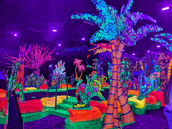A psychedelic wonderland where mini-golf meets Avatar—neon coral, glowing palms, and putt-putt dreams under blacklight magic.