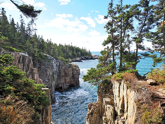 Nature's perfect frame: rugged granite cliffs embrace the Atlantic's sapphire waters at Raven's Nest, where Maine's coast reveals its wild heart.
