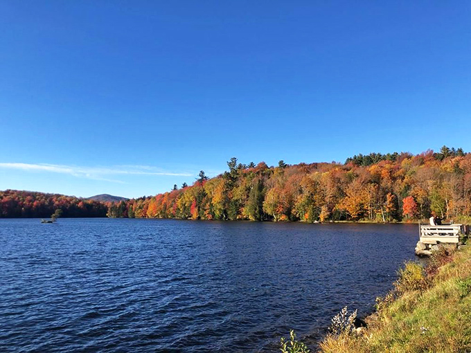 Ripton's Lake Pleiad shimmers like a sapphire mirror, reflecting autumn's fiery palette against Vermont's crisp blue sky &ndash; nature showing off without even trying.