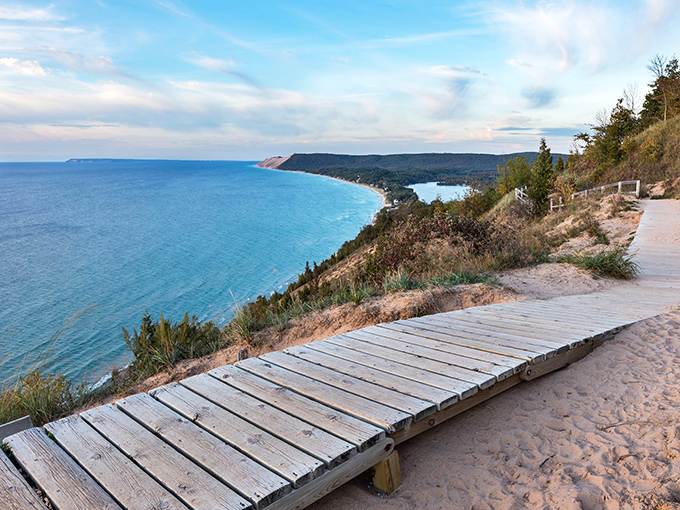 The iconic turquoise waters of Lake Michigan create a Caribbean-like backdrop against the towering dunes &ndash; Mother Nature showing off her best work.