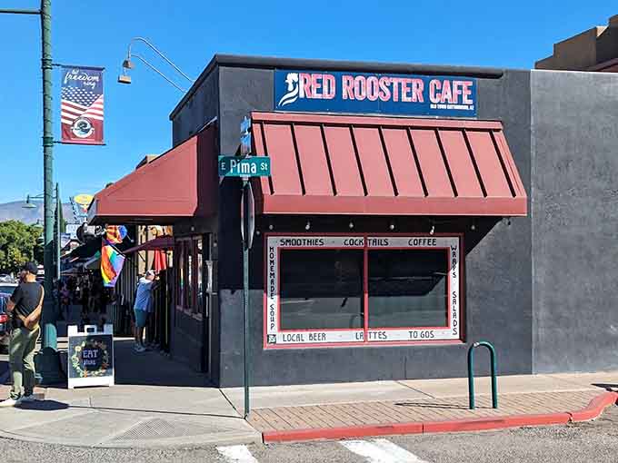 The Red Rooster Cafe's distinctive exterior welcomes hungry visitors with that red awning you can spot from down the block.