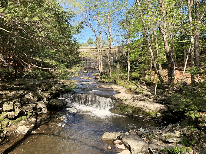 A hidden gem where crystal waters cascade beneath a rustic bridge, nature's perfect postcard moment in Maine's tranquil wilderness.