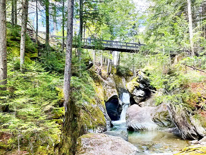 A rustic bridge spans the gorge, offering front-row seats to nature's water ballet below. Pure Vermont magic!