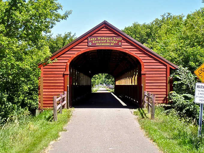 The Holdingford Bridge: Standing proud in its crimson glory, this wooden masterpiece invites travelers to step back in time while crossing forward.