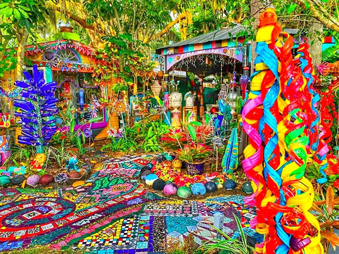 Welcome to Whimzeyland, where color rules supreme and imagination runs wild! This entrance area looks like a rainbow had a passionate affair with a craft store.