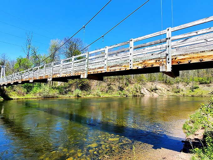 Sunlight dances across weathered planks as this engineering marvel stretches over Michigan waters, inviting adventurers to test their courage with each step.