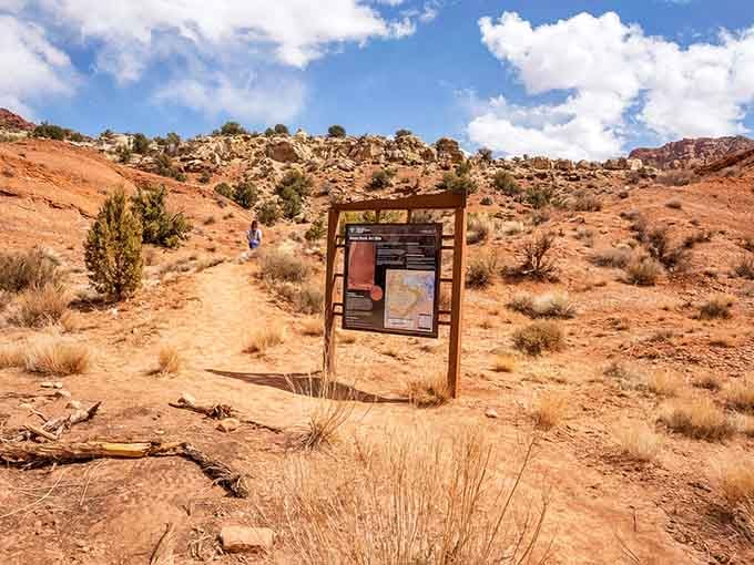 The trailhead welcomes you with that perfect blend of "adventure ahead" and "don't worry, we won't let you get too lost."