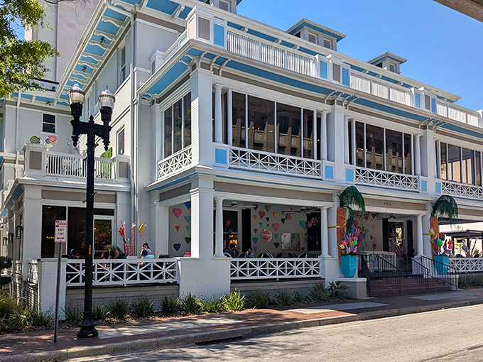 A Victorian dream in blue and white, Sweet Pete's exterior promises sugary adventures before you even step inside.