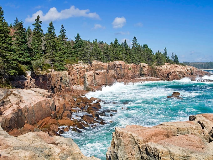 Rugged granite cliffs meet the relentless Atlantic, creating nature's perfect amphitheater for Thunder Hole's booming performance.