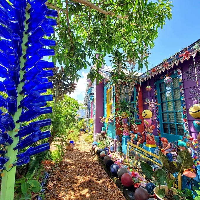 A kaleidoscope of color greets visitors along this narrow path, where cobalt blue bottles frame a journey into artistic madness.