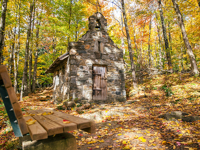 This handcrafted stone chapel emerges from the Vermont forest like something from a Brothers Grimm tale, minus the wicked witch.