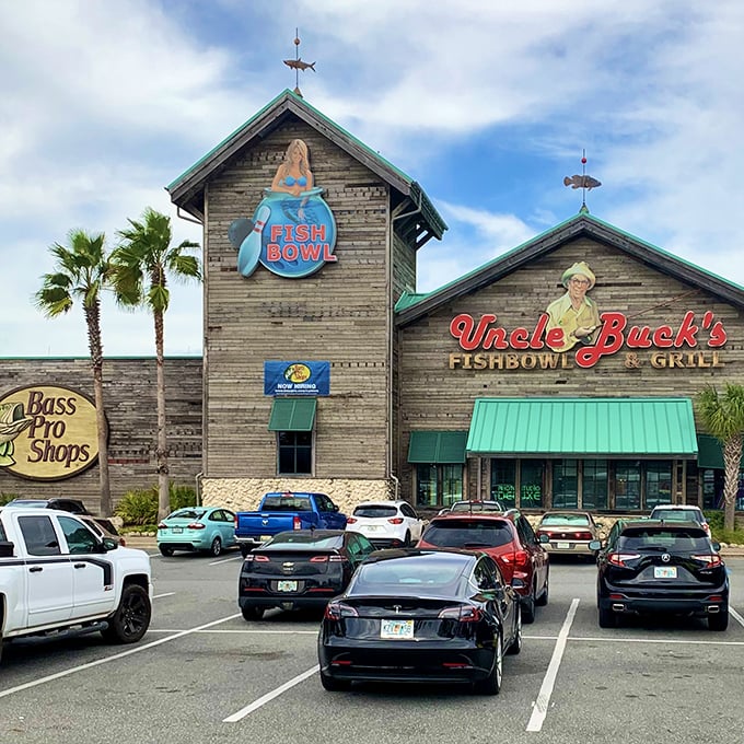 The weathered wood exterior of Uncle Buck's Fish Bowl & Grill promises nautical adventures beyond its doors.