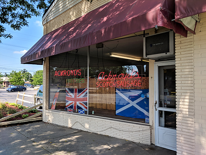 The iconic storefront beckons with glowing neon signs and proud flags &ndash; Scotland has never looked so at home in Michigan!